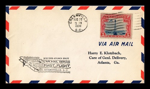 US COVER FIRST FLIGHT AIR MAIL GREENVILLE SOUTH CAROLINA ATLANTA ...