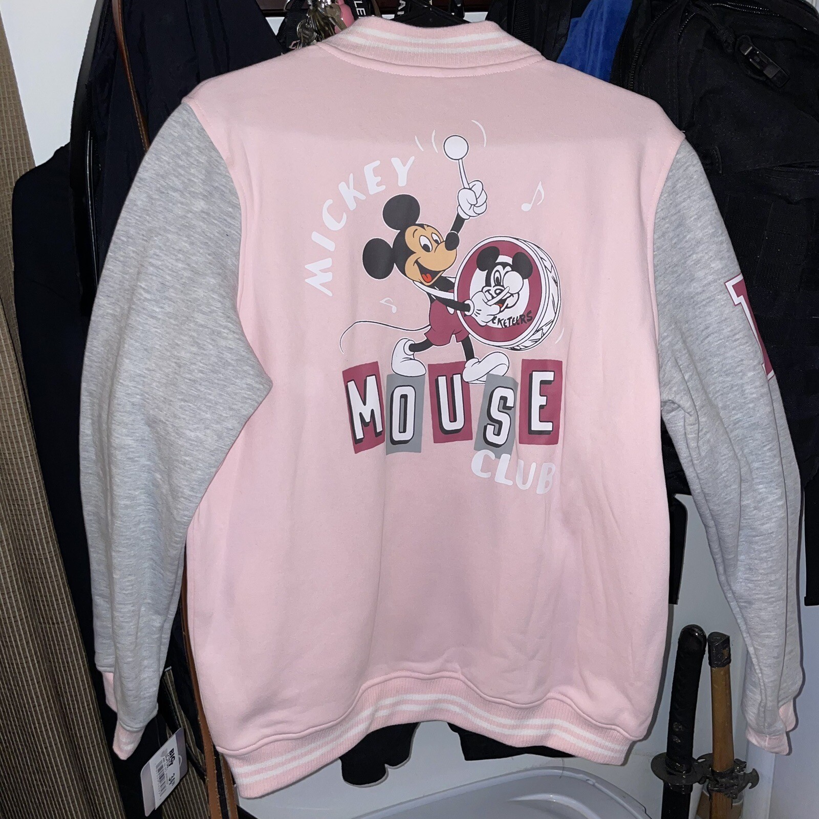 Disney 100 Fleece Mickey Mouse Letterman Jacket Pink/Gray Size M | eBay