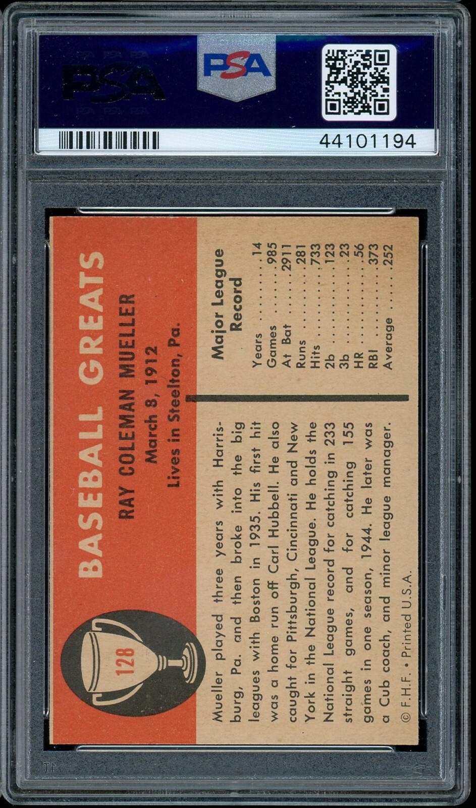 1961 Fleer Baseball #128 Ray Mueller PSA 9 | eBay