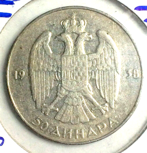 1938 YUGOSLAVIA - SERBIA 50 DINARS CROWNED EAGLE WORLD SILVER COIN ...