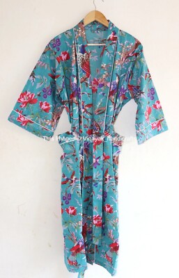 Cotton Robe Long Kimono Turquoise Sleepwear Robe Indian Bird Printed ...