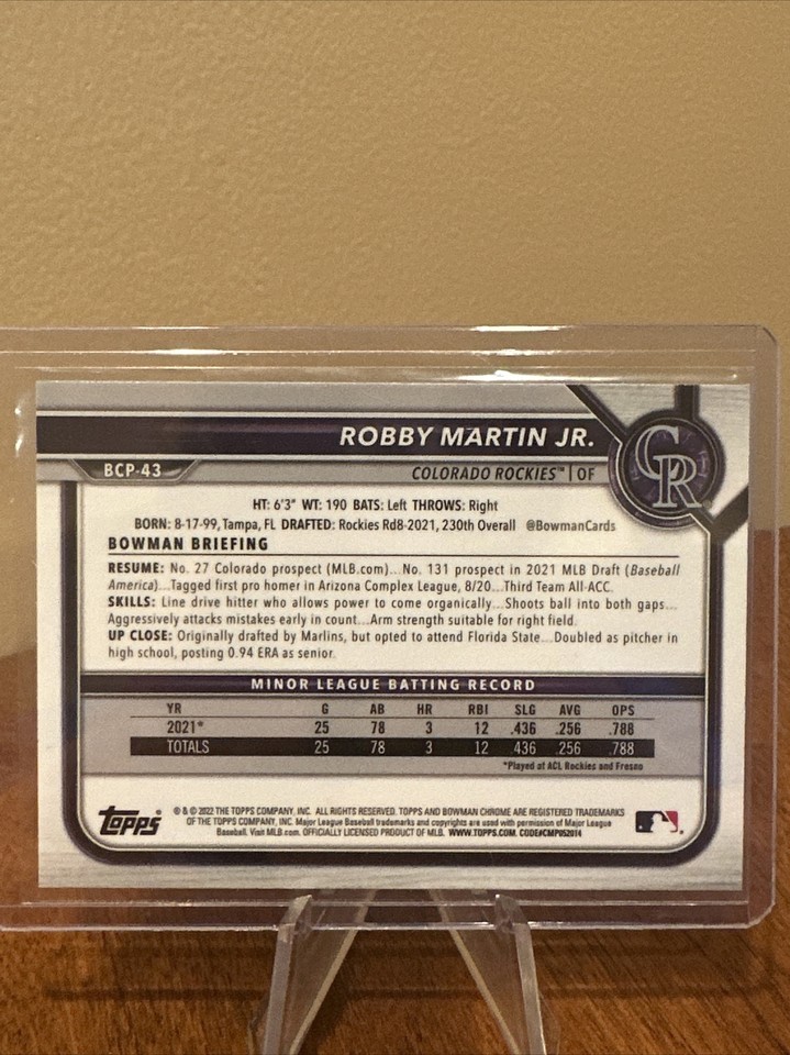 2022 Bowman Chrome Prospects Robby Martin Jr. 1st Bowman Mojo Refractor ...