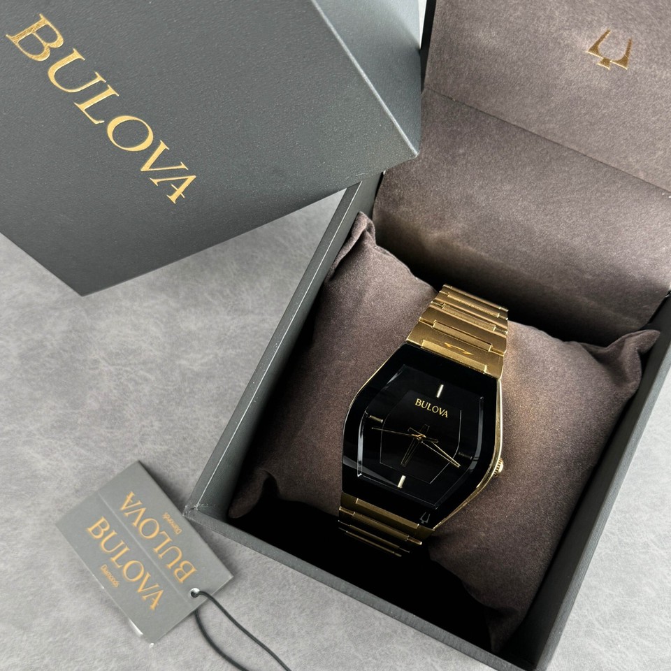 Bulova Men's Gemini Stainless Steel Gold Tone Black Dial 40mm Watch ...