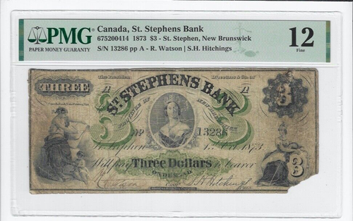 1873 St. Stephens Bank, $3 Note SN# 13286 Cat#675-20-04-14 PMG F-12 ...