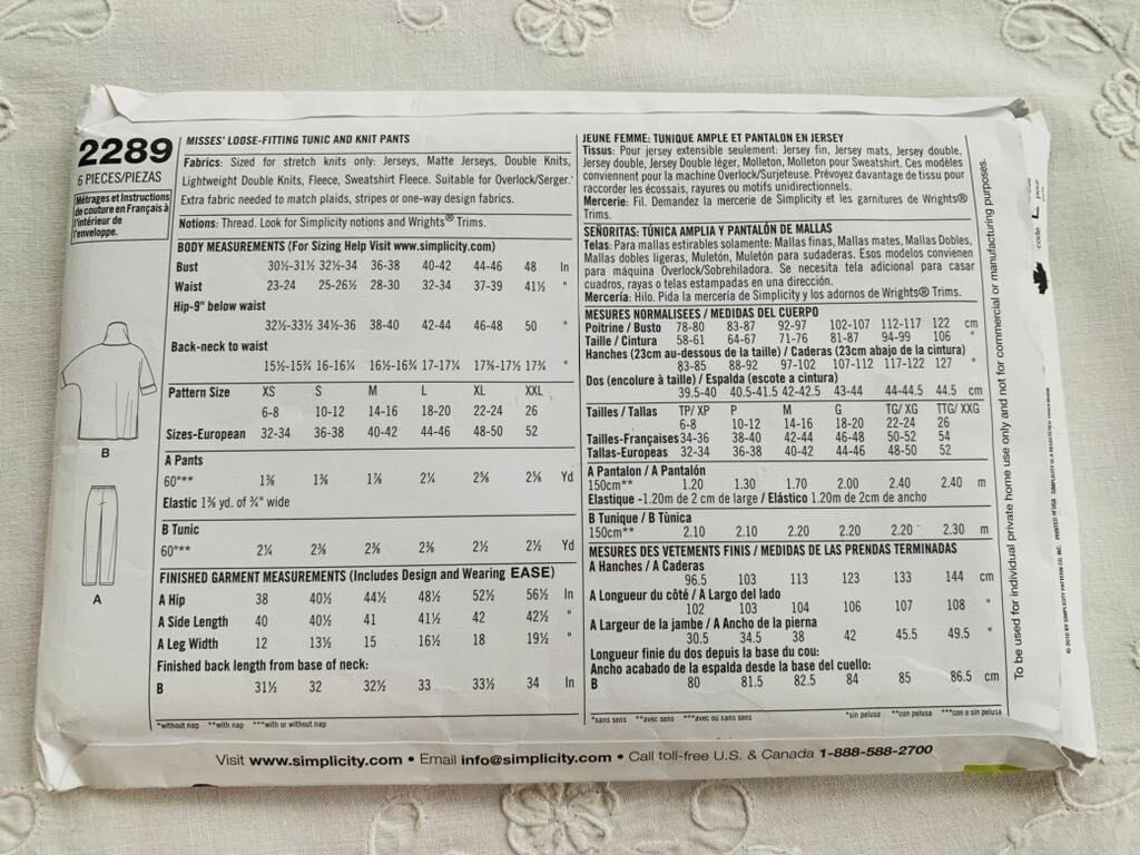 Simplicity Uncut Pattern 2289 Womens XS-XXL Patty Reed Loose Fitting ...