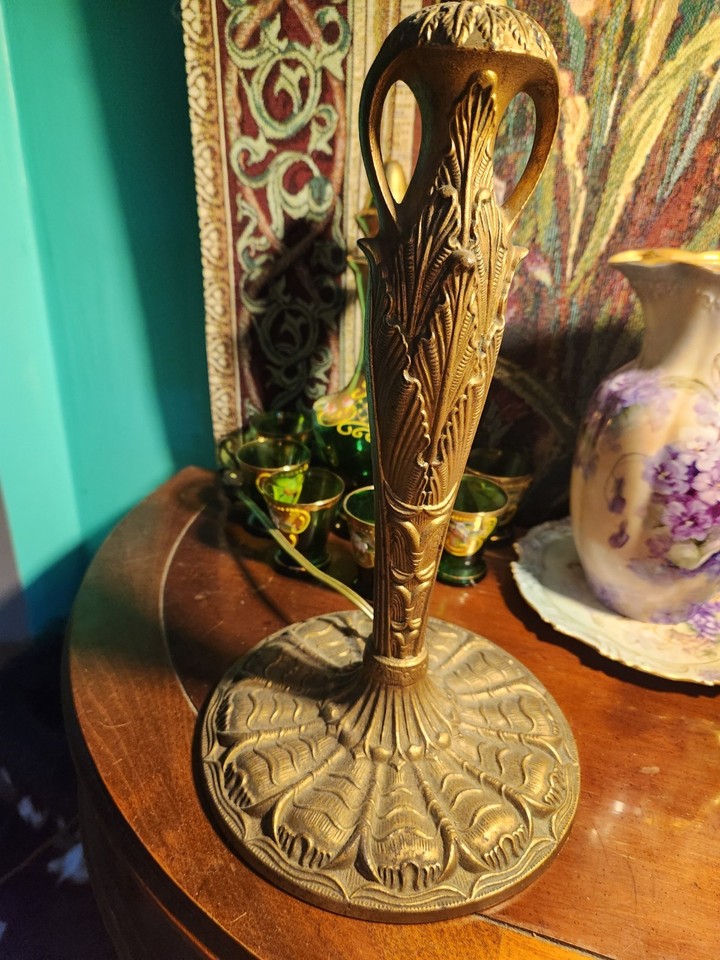 Antique Art Nouveau Lamp Base Slag Leaded Reverse Painted Glass Handel ...