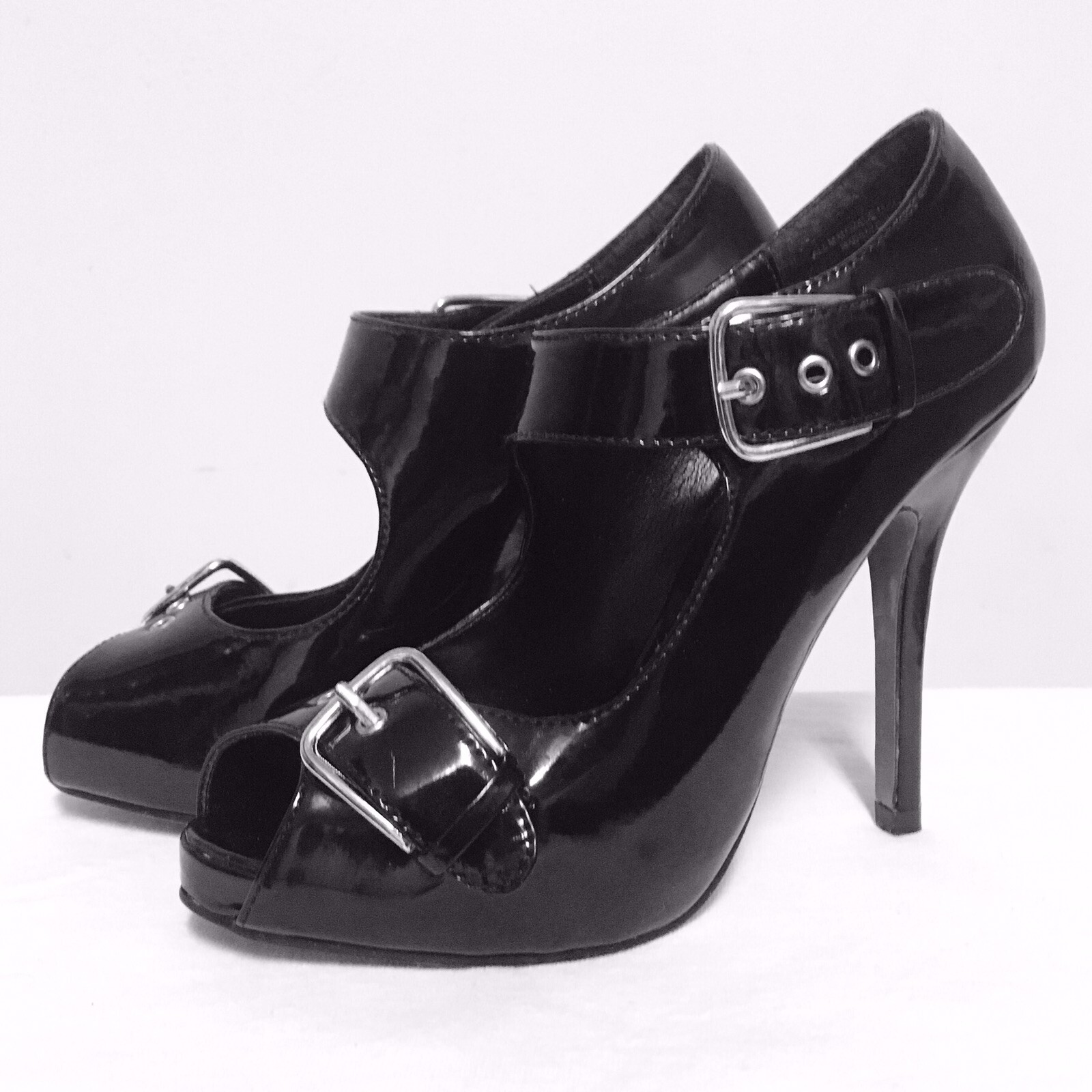 WOMEN’S BLACK 4” STILETTO HEEL, BUMPER SHOES with BUCKLES, PEEP TOE ...