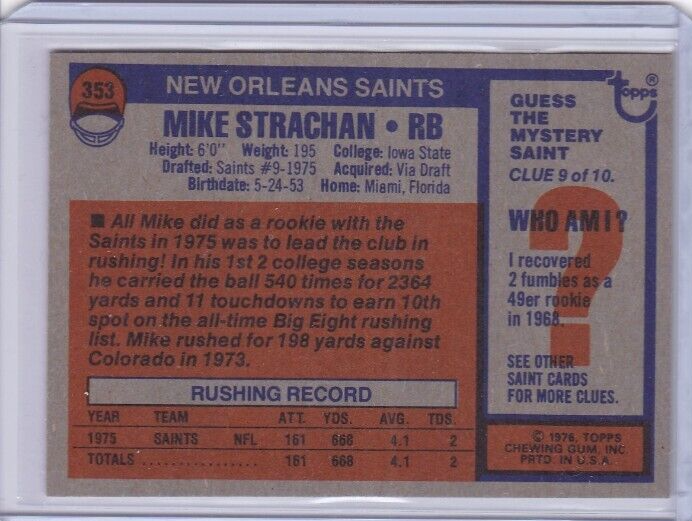1976 Topps Football #353 MIKE STRACHAN NEW ORLEANS SAINTS IDBB | eBay