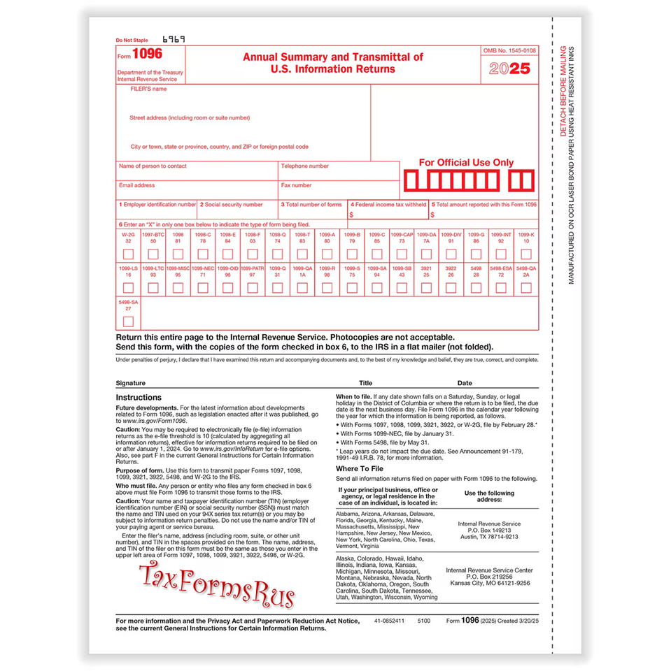 2025 IRS TAX FORMS KIT: 1099-NEC 6 recipients +envelopes + (1)1096 ...