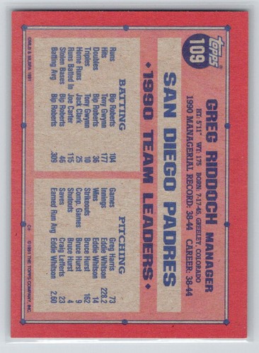 Greg Riddoch 1991 Topps #109 San Diego Padres | eBay