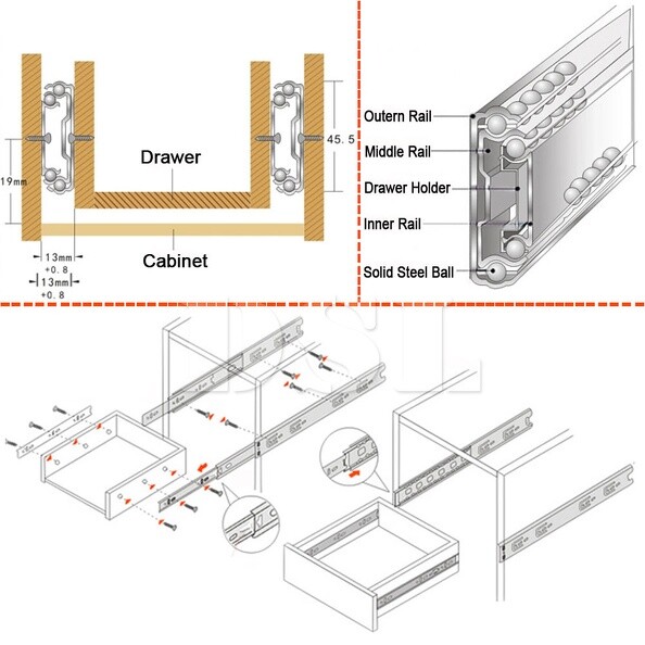 Double Fully Extension Ball Bearing Drawer Slide Runners Heavy Duty ...