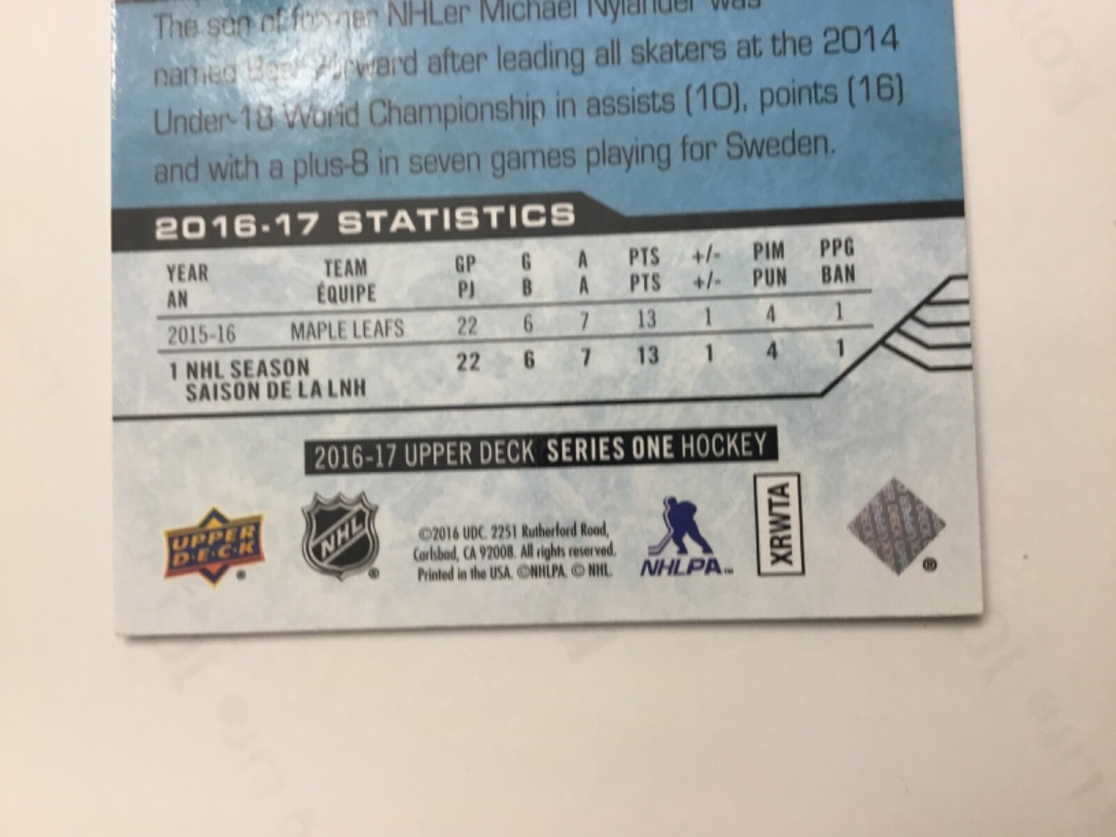 WILLIAM NYLANDER 2016-17 UD YOUNG GUNS #249 TORONTO MAPLE LEAFS | eBay