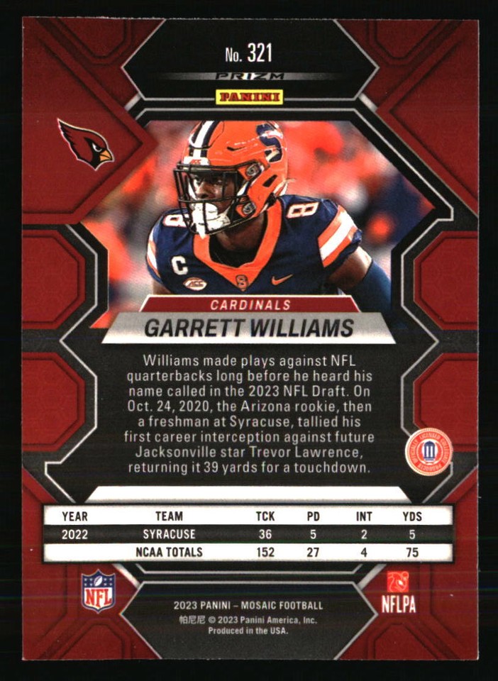 Garrett Williams 2023 Panini Mosaic #321 FOOTBALL Card | eBay