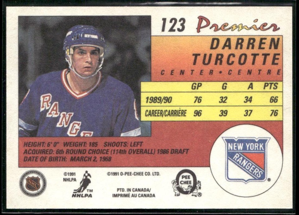 1990-91 O-Pee-Chee Premier #123 Darren Turcotte New York Rangers Rookie ...