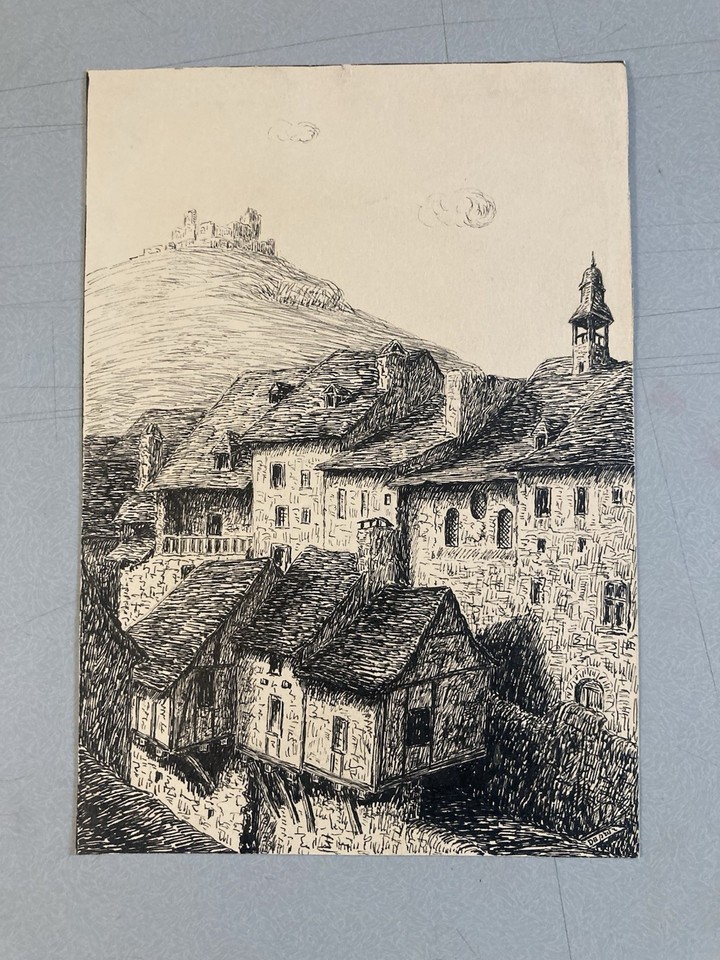 Beautiful ink drawing 1930 paper village mountain to identify Cathar ...