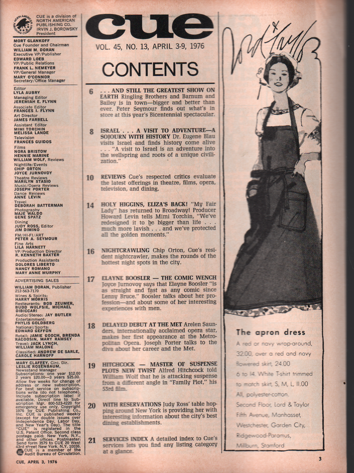 New York Cue Magazine April 9 1976 Circus Cover Art Alfred Hitchcock ...