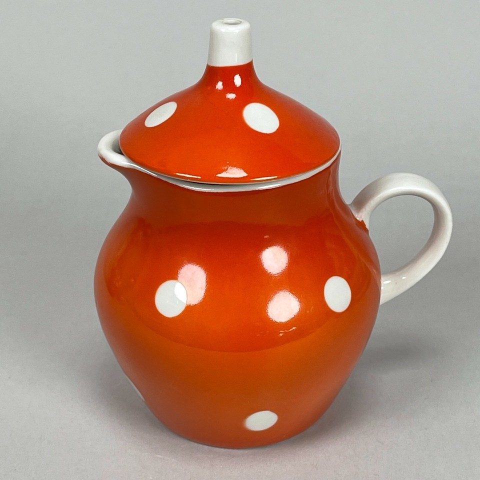 Vintage 50s Soviet MCM Dulevo Orange Polka Dot Teapot Creamer Sugar Tea ...
