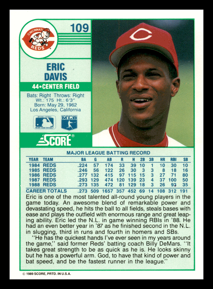 1989 Score Eric Davis Cincinnati Reds #109 Centered Mint | eBay