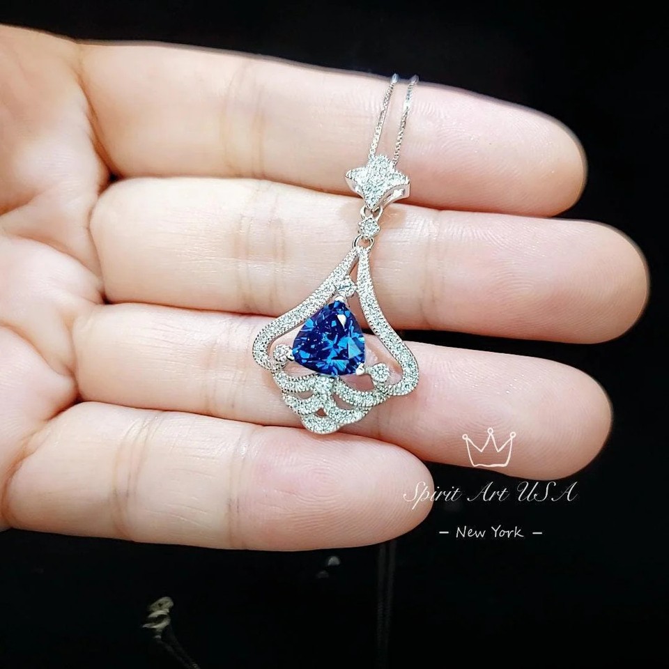 Mandolin flower Blue Sapphire Necklace - 1.2 ct Trillion Cut Blue ...