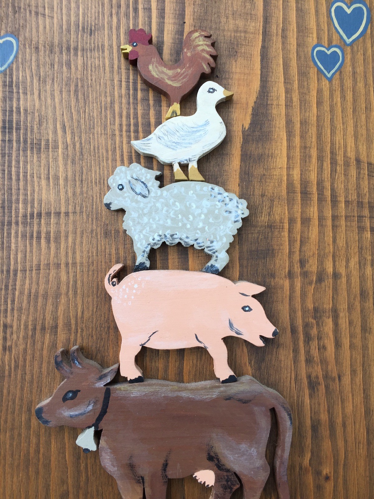 Primitive ANIMAL STACK Cow Pig Sheep Rooster Duck Wall Hanging FOLK ART ...