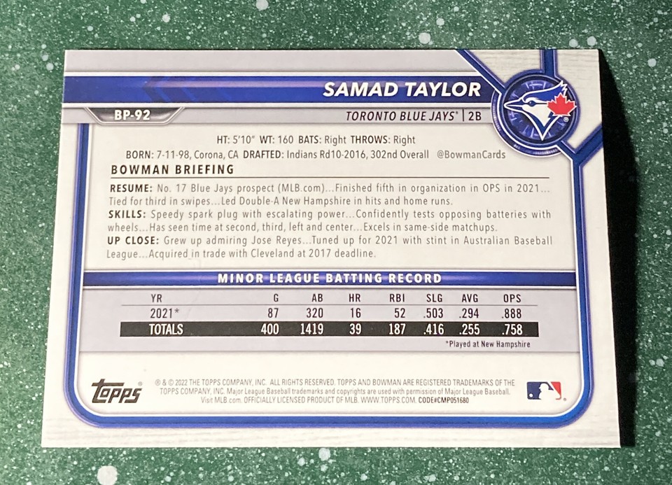 2022 Bowman Baseball # BP-92 Samad Taylor - Toronto Blue Jays 1st | eBay