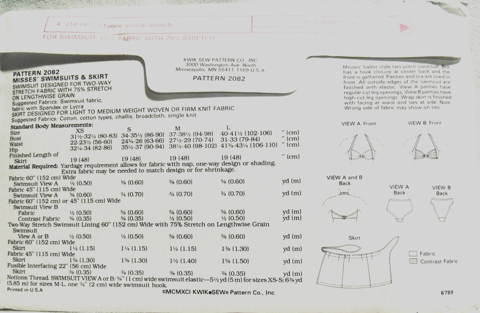 KWIK SEW PATTERN 2082 SWIMSUIT HALTER TOP BIKINI SKIRT SARONG SIZE XS-L ...