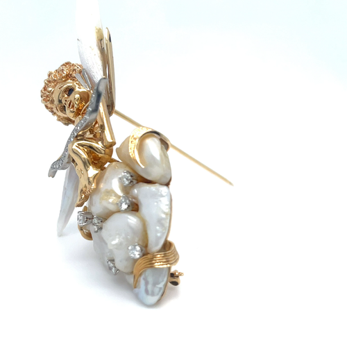 Ruser Mississippi River Pearl Diamond Sapphire and 14k Gold Cherub ...