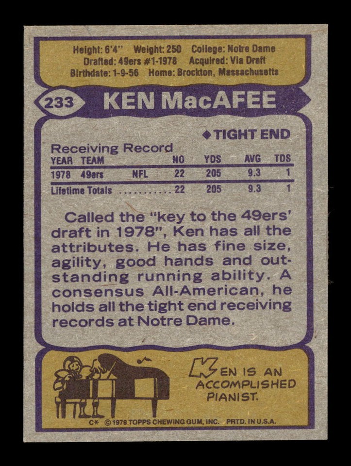 1979 Topps #233 Ken MacAfee San Francisco 49ers Rookie RC EX+ Card ...