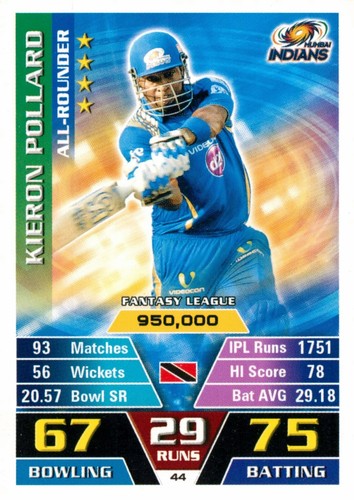 2016 2017 MUMBAI INDIANS IPL Cricket Card KIERON POLLARD Topps Attax | eBay