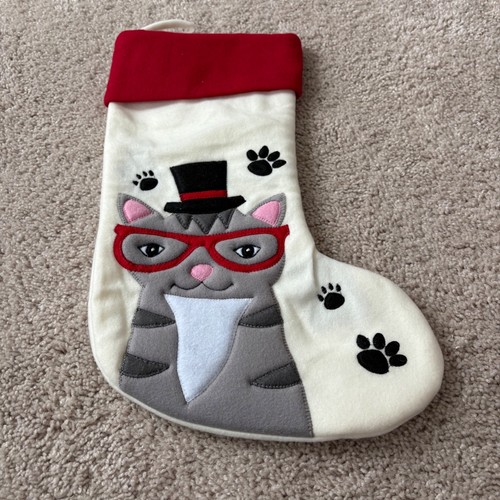 Cute Cat Christmas Stocking Red Hat Glasses Paw Prints Holiday Decor | eBay