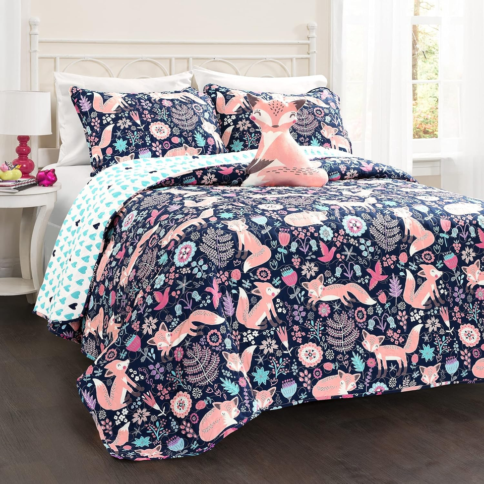 Pixie Fox Reversible Quilt Set, 4 Piece Set, Full/Queen, Navy & Pink ...
