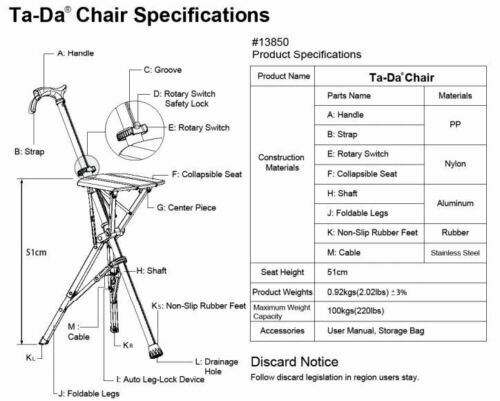 NEW TA-DA Chair Folding Aluminum Cane Chair Portable Walking Stick TADA ...