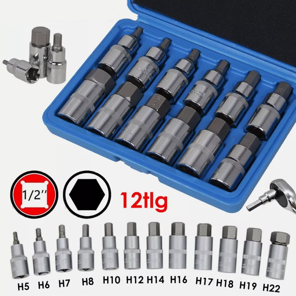 UK ALLEN KEY / HEX BIT SOCKET SET 12pc 1/2" Drive Metric 5mm to 22mm ...
