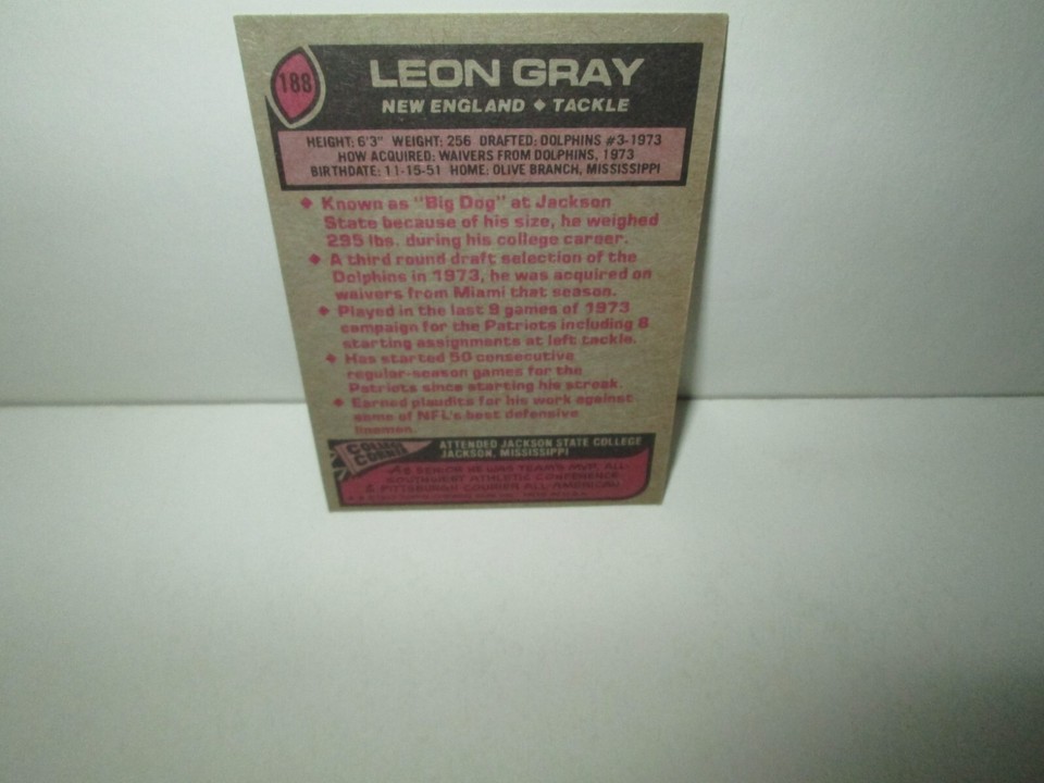LEON GRAY 1977 FOOTBALL CARD Topps #188 rookie Rc NEW ENGLAND PATRIOTS ...