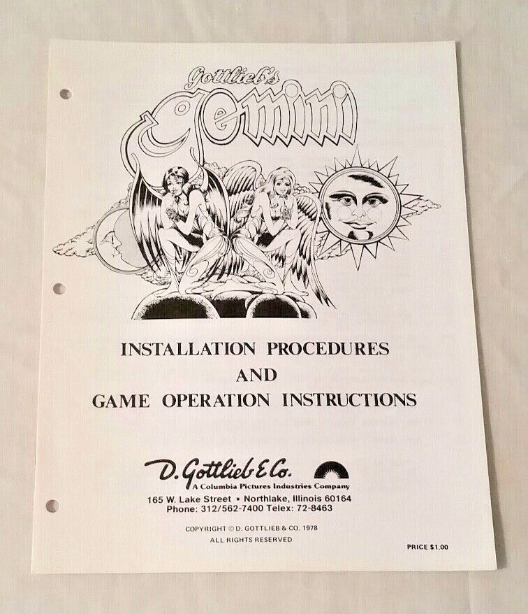 Gottlieb Gemini Pinball Machine Original Manual NOS! Free Shipping! New ...