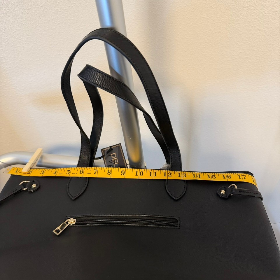 Deluxity Vegan Leather Tote Bag Black Drawstring Top Zip Pouch Included ...