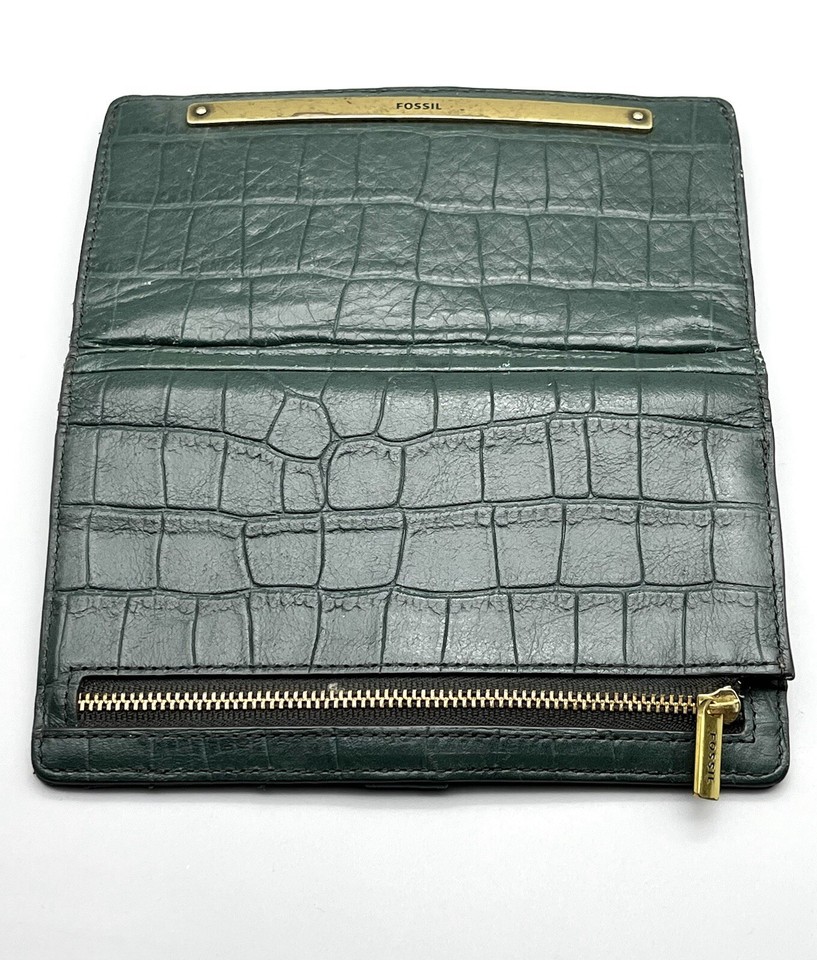 Fossil Croc Embossed Leather Wallet Green | eBay