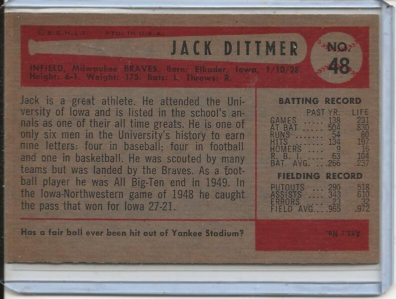1954 Bowman Baseball Card Jack Dittmer I/F Milwaukee Braves NR MT # 48 | eBay