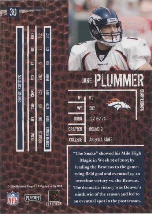 2004 Playoff Hogg Heaven Jake Plummer #30 for sale | eBay