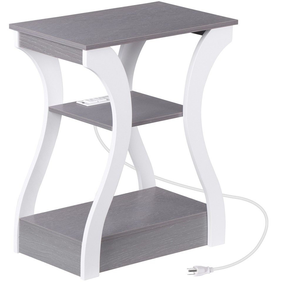 Set of 2 End Tables w/Charging Station Side Table w/USB Ports,Outlets Grey+White | eBay