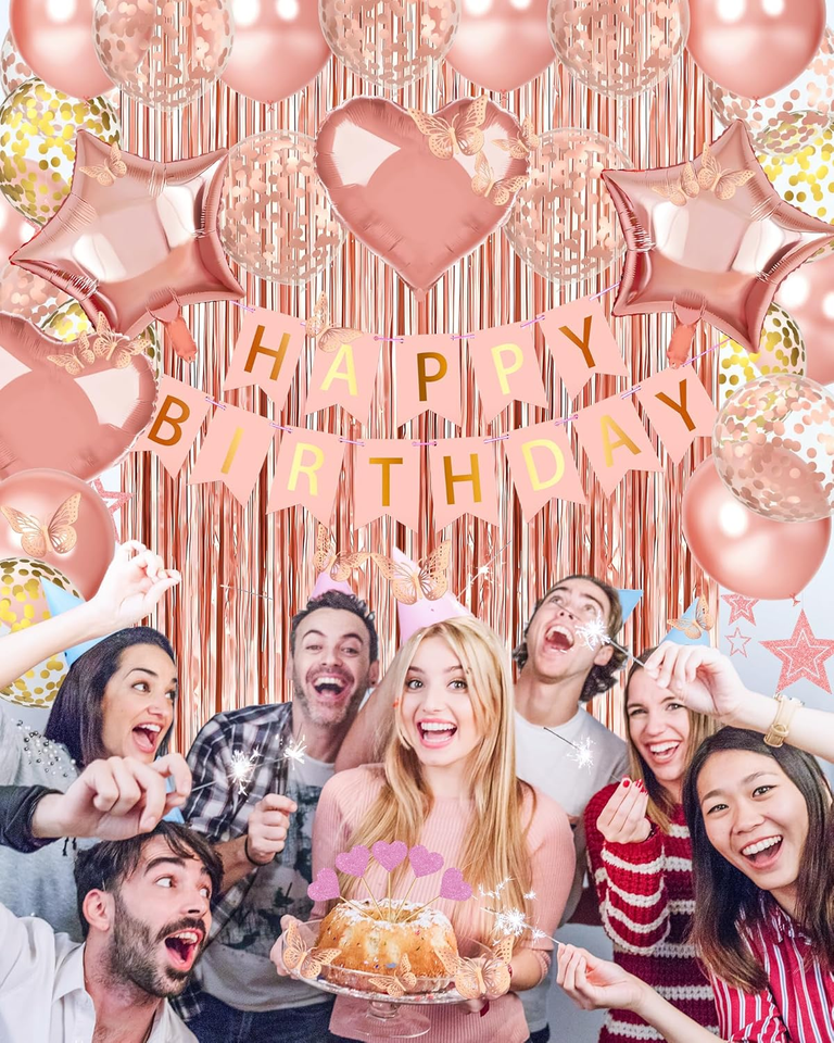 Rose Gold Happy Birthday Party Decorations, Happy Birthday Banner, Rose ...