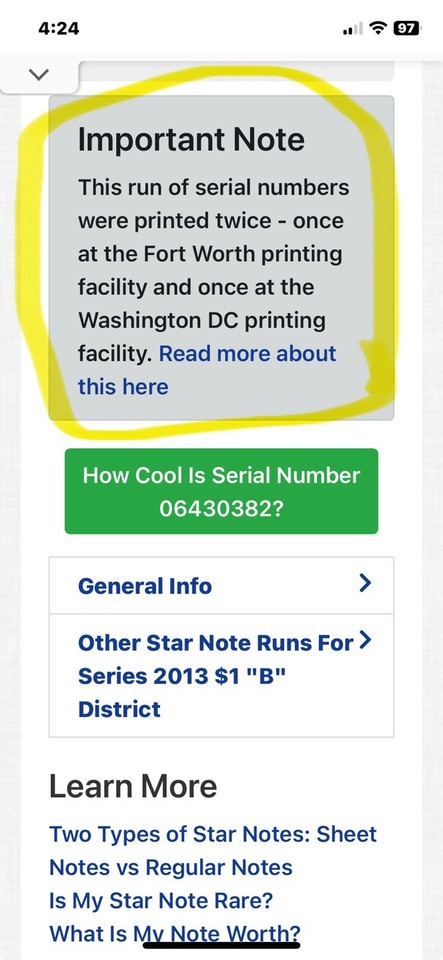 2013 B Duplicate Print Error $1 B 06430382* Fancy Serial Numbers Star ...