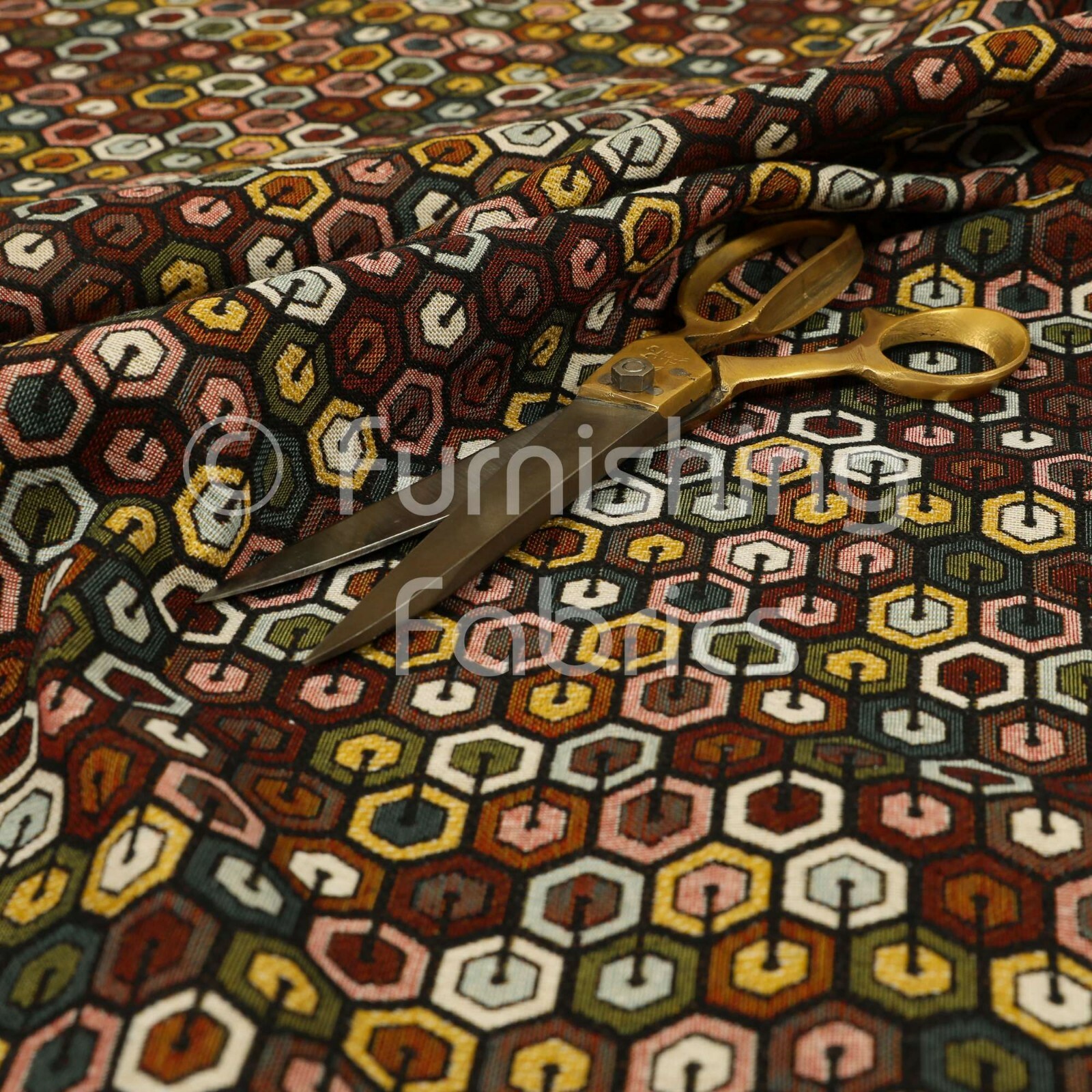Black Multi Coloured Full Hexagon Geometric Pattern Jacquard Upholstery ...