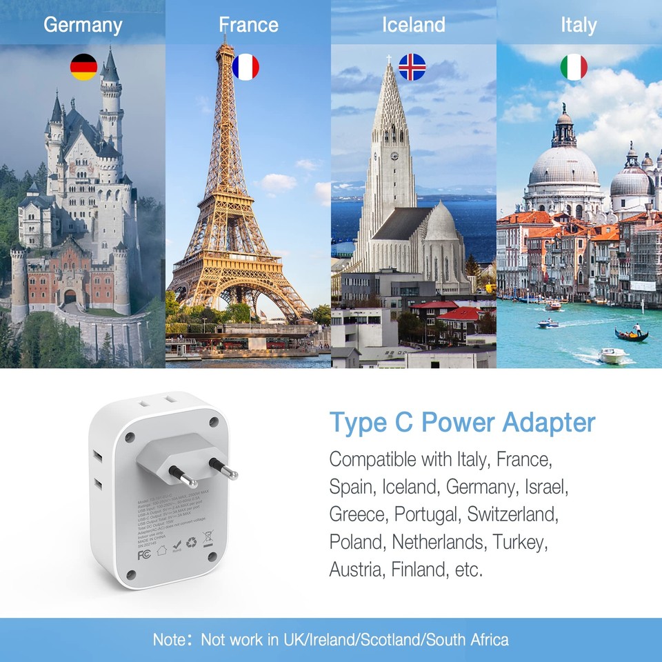 3 Pack European Travel Plug Adapter USB C, US to Europe Power Adapter ...