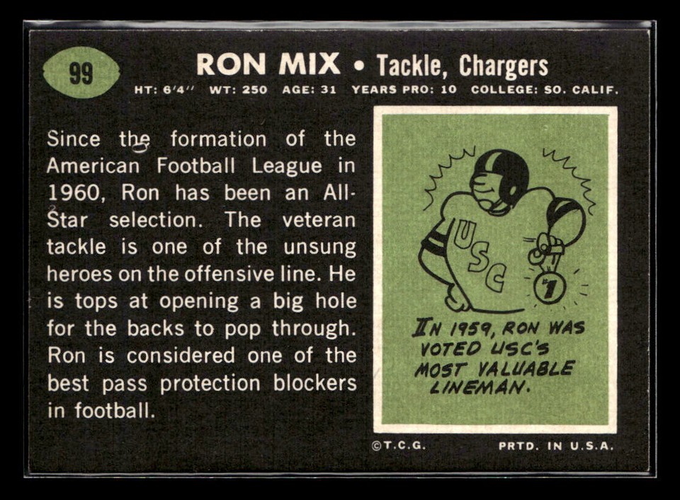 1969 Topps #99 Ron Mix - NM/MT+ Set Break! | eBay