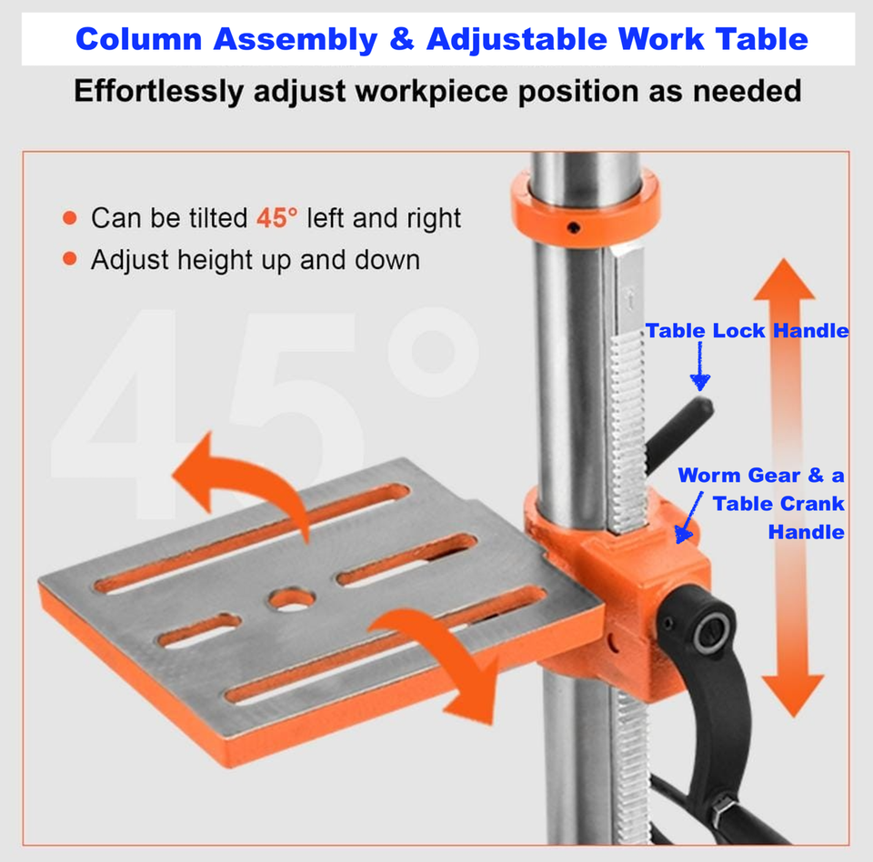 Drill Press Column Assembly and Crank-adjustable Work Table for DIY ...