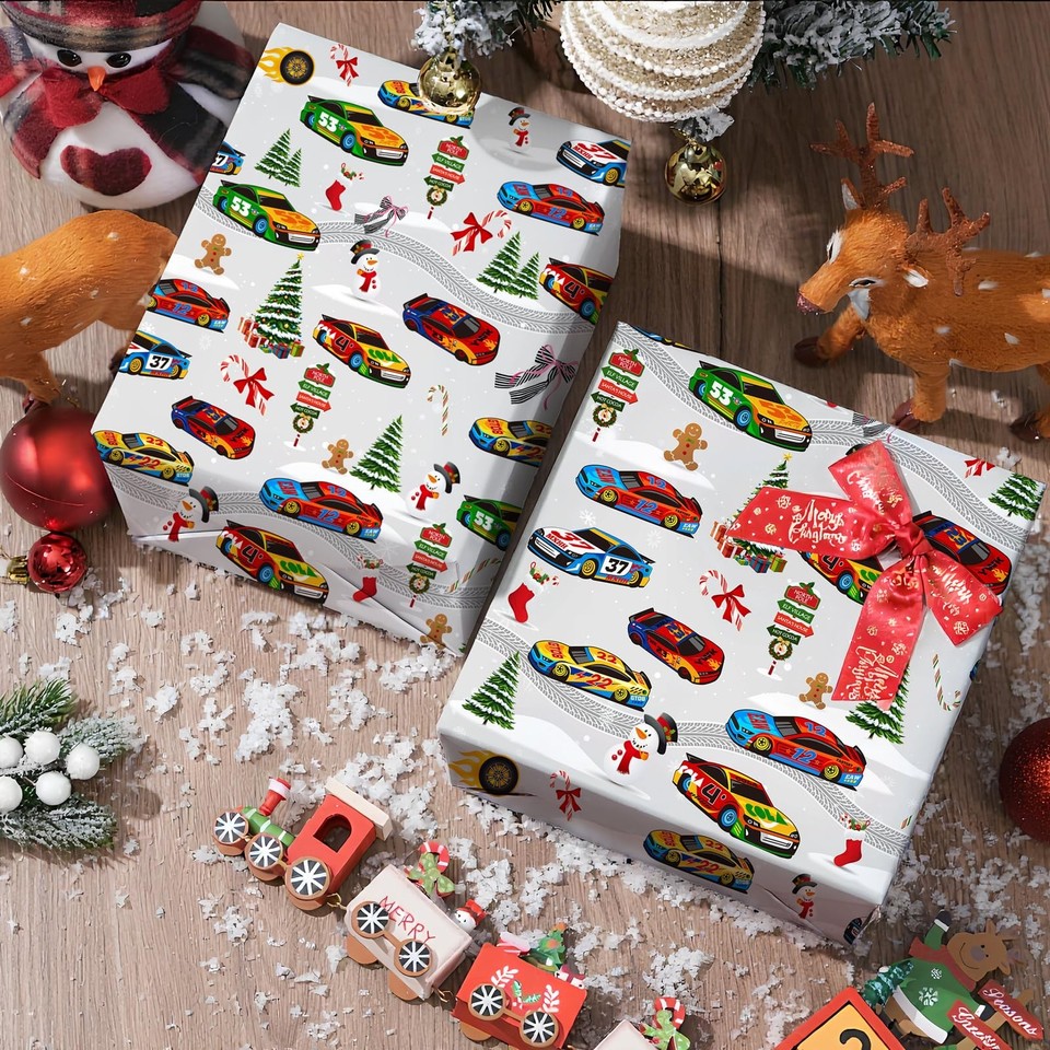 Race Car Christmas Wrapping Paper - Xmas Gift Wrap with Holiday Trees ...