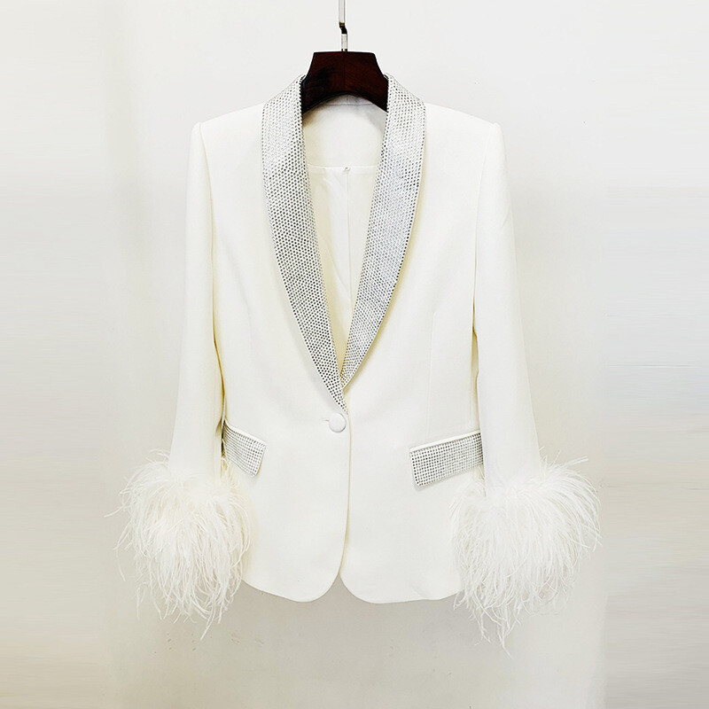 Luxury Ostrich Real Feather Women Blazer Slim Fit Jacket Rhinestone ...