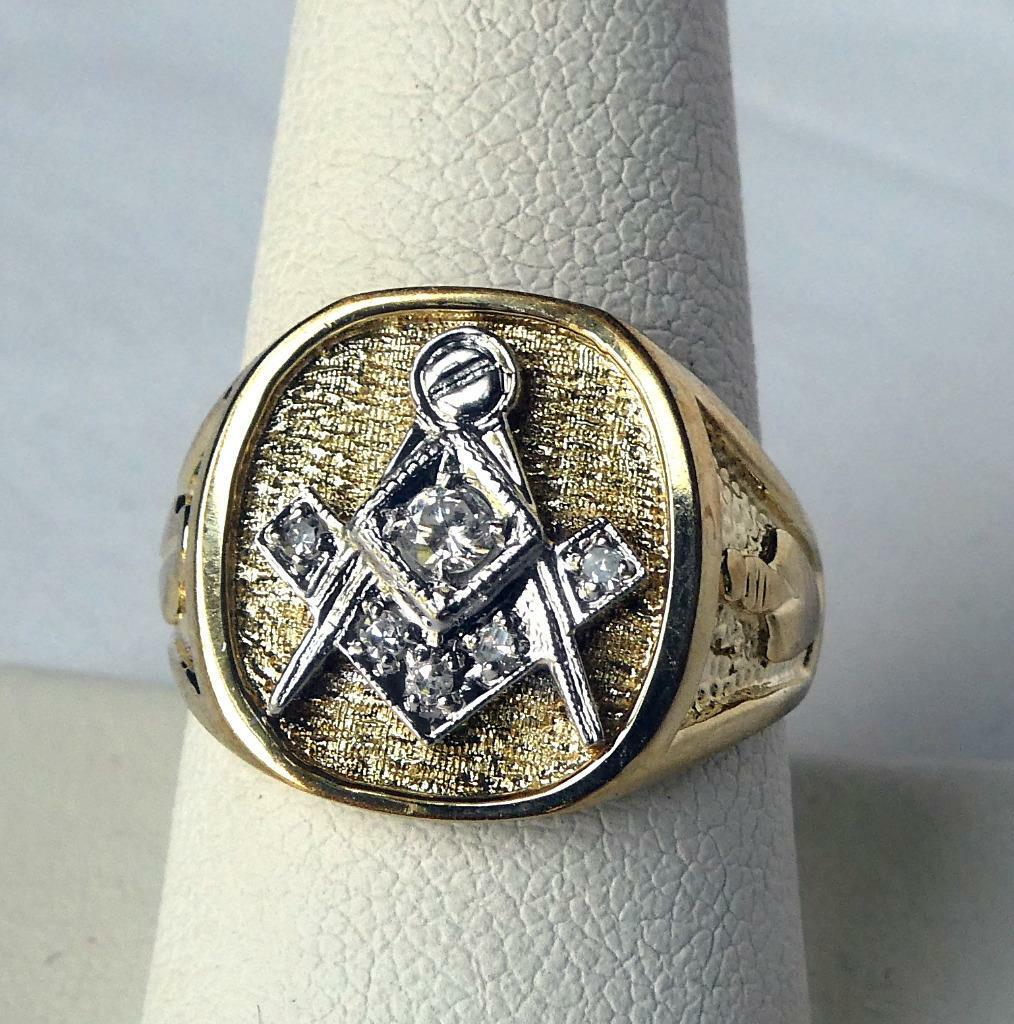 Heavy Vintage 14k Gold Diamond Masonic Freemason Ring New Old Stock Sz ...
