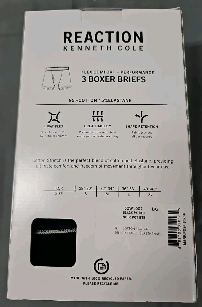 3 Pack REACTION KENNETH COLE Men's Large Organic Cotton Boxer Briefs ...